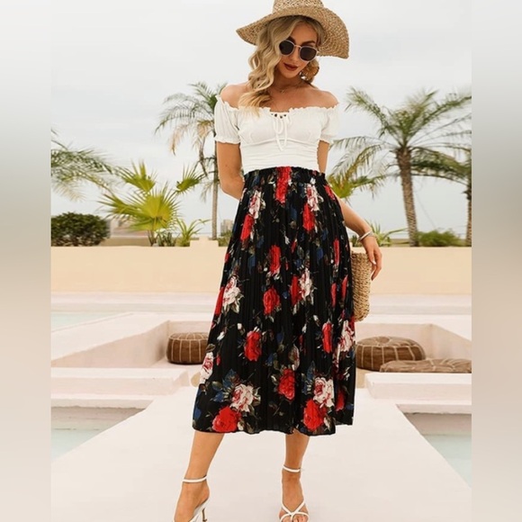 Amazon | Skirts | Womens High Waisted Floral Pleated Midi Skirt My3 ...